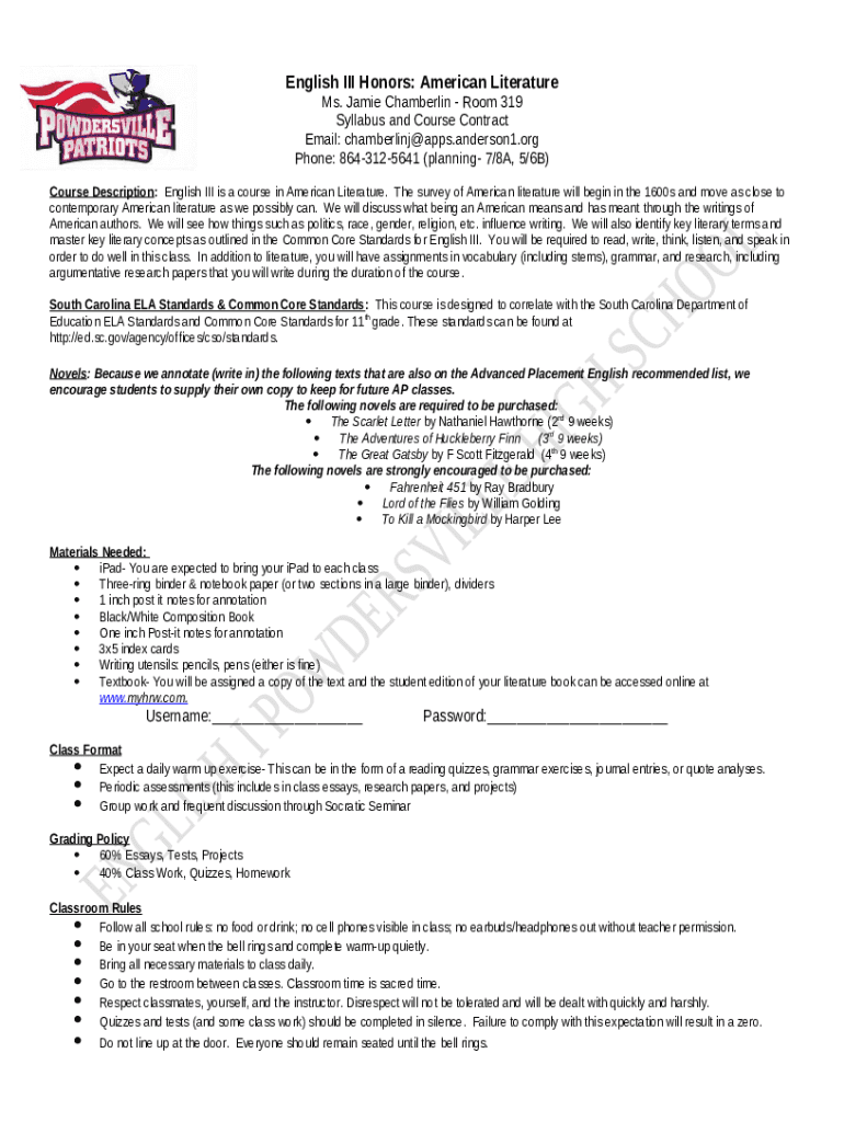 ENGLISH III CP COURSE SYLLABUS Doc Template | pdfFiller