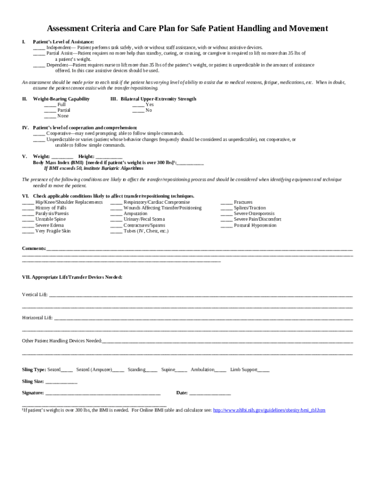 Assessment Criteria and Care Plan for Safe Patient Handling ... - osha ...