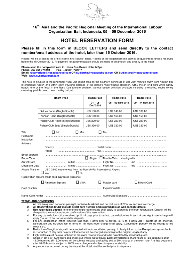 Fillable Online HOTEL RESERVATION FORM - ILO Fax Email Print - pdfFiller