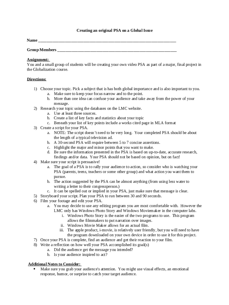 Public service announcements - Students Make a PSA Doc Template | pdfFiller