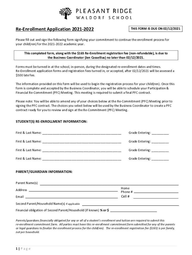 Fillable Online Re-Enrollment Application 2021-2022 Fax Email Print - pdfFiller