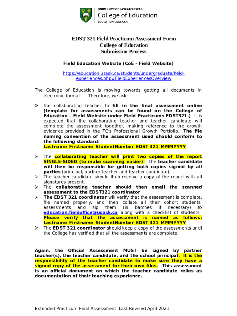 EDST 321 Field Practicum Assessment College of ... Doc Template | pdfFiller