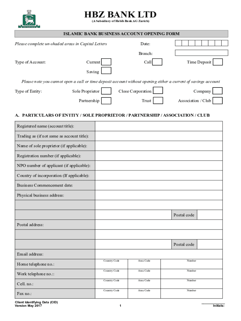 Fillable Online Account Opening Form Business Habib Bank Zurich plc Fax ...
