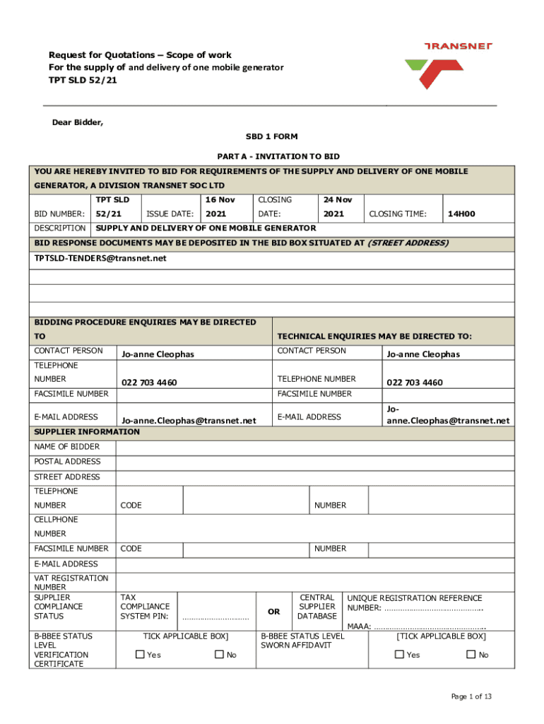 Fillable Online Scope of work RFQ NO: 11260308 A B-BBEE STATUS ... Fax ...