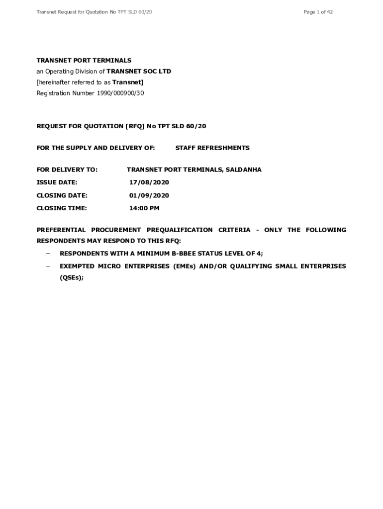 Fillable Online Transnet Request for Quotation No TPT SLD 60/20 Page 1 of 42 Fax Email Print ...