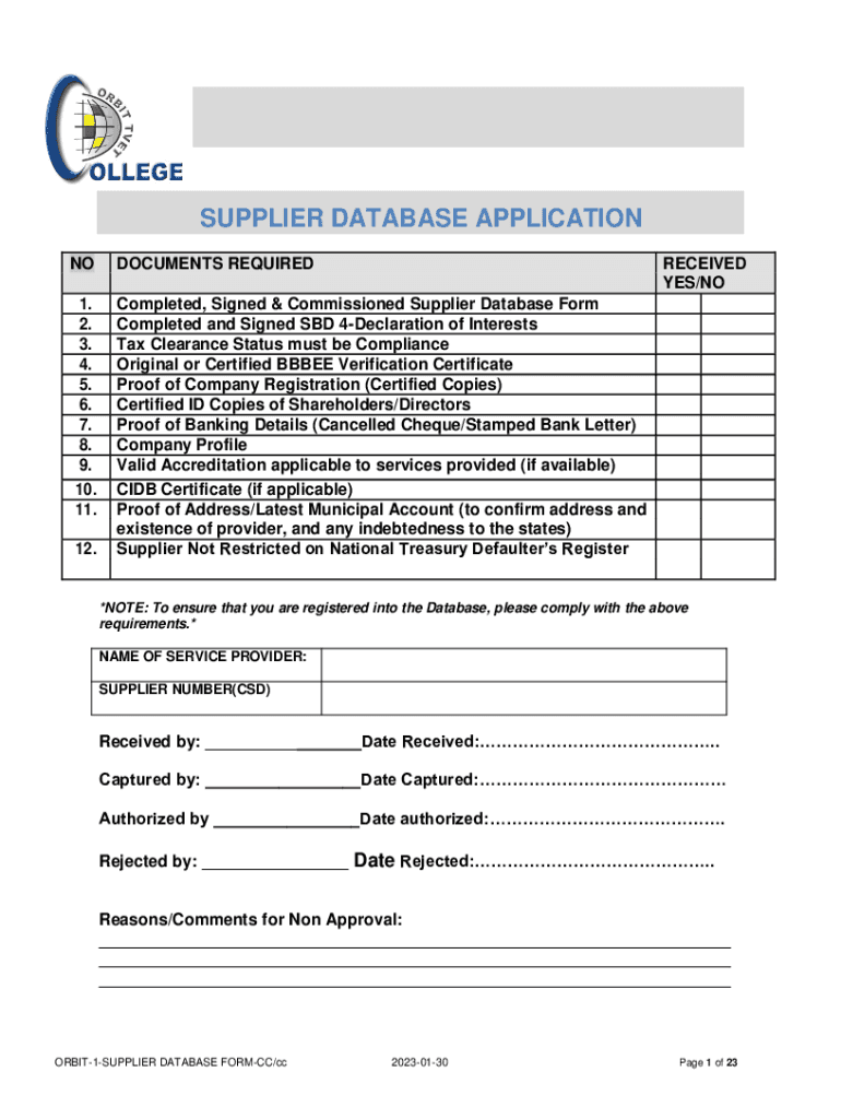 Fillable Online Supplier Database Application Orbit Tvet College Fax Email Print Pdffiller
