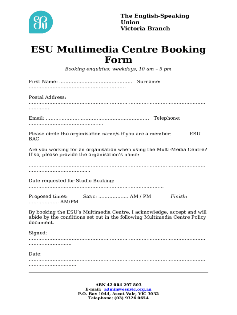 ESU Multimedia Centre Booking Doc Template | pdfFiller