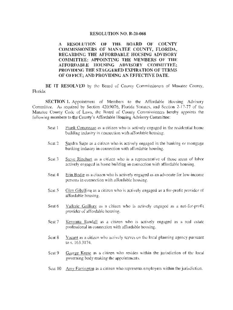 Fillable Online RESOLUTION NO. R-20-068. APPOINTMENT OF MEMBERS Fax ...