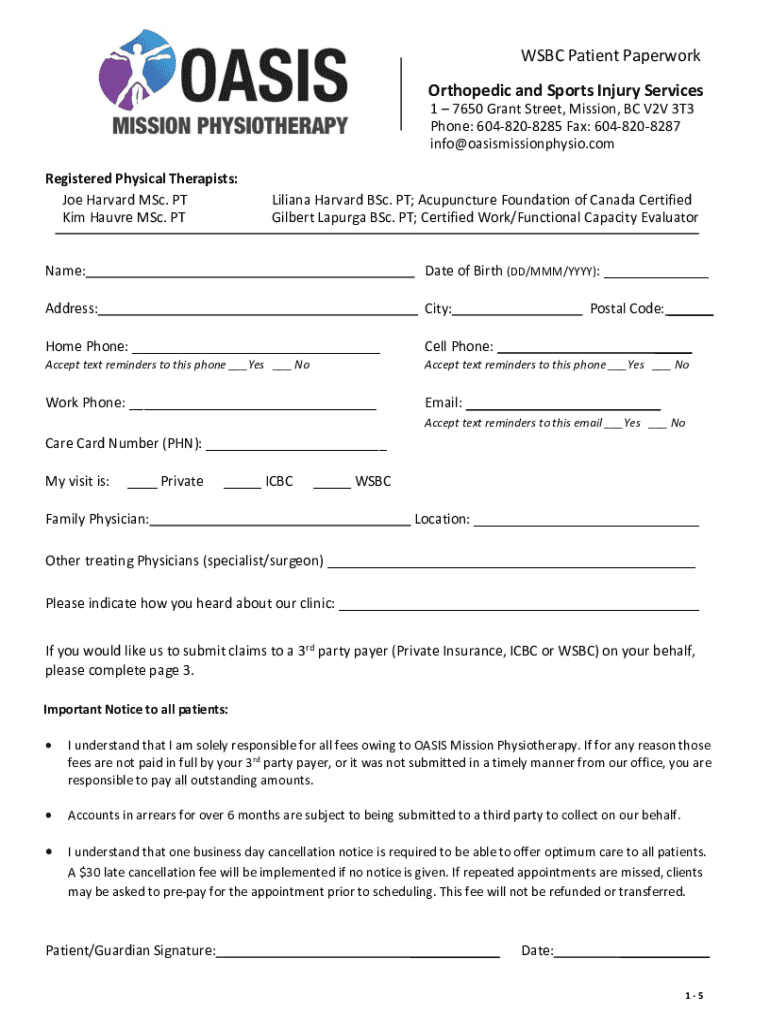 Fillable Online WSBC Patient Paperwork Orthopedic and Sports Injury ...