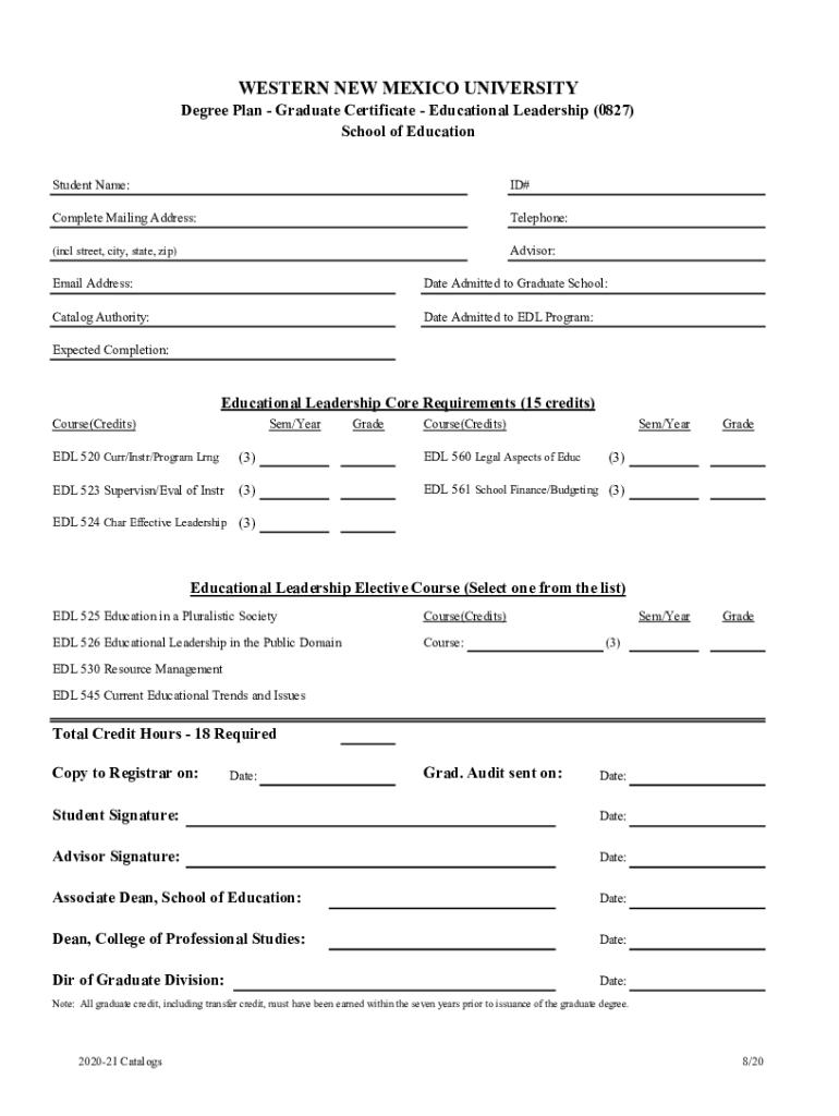 Fillable Online Fillable Online wnmu Degree Plan Graduate Certificate ...