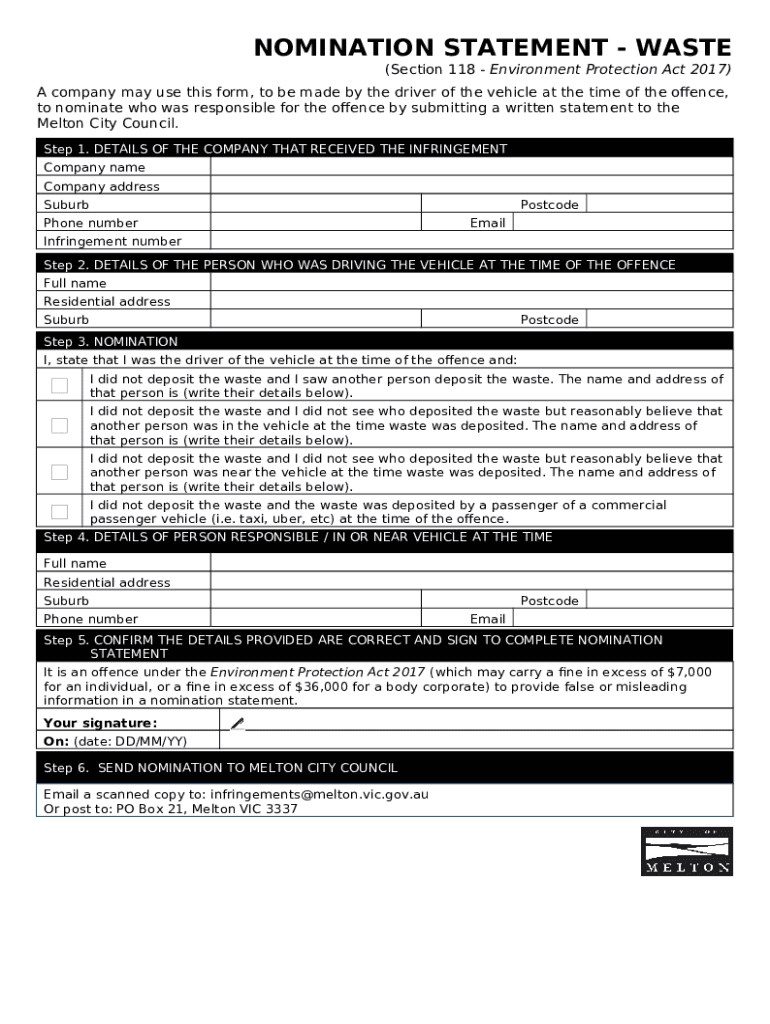NOMINATION STATEMENTWASTE Doc Template | pdfFiller