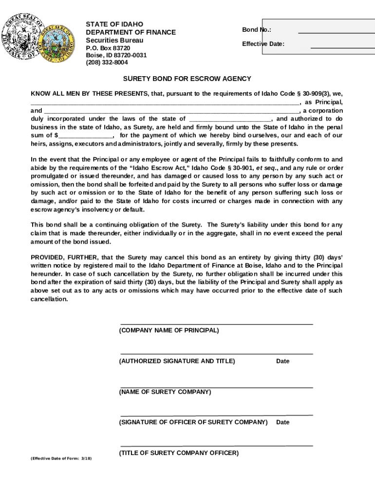 Surety Bond for Escrow Agency - Idaho Department of Finance Doc ...