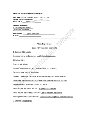 Personal Inventory (Example) Doc Template | pdfFiller