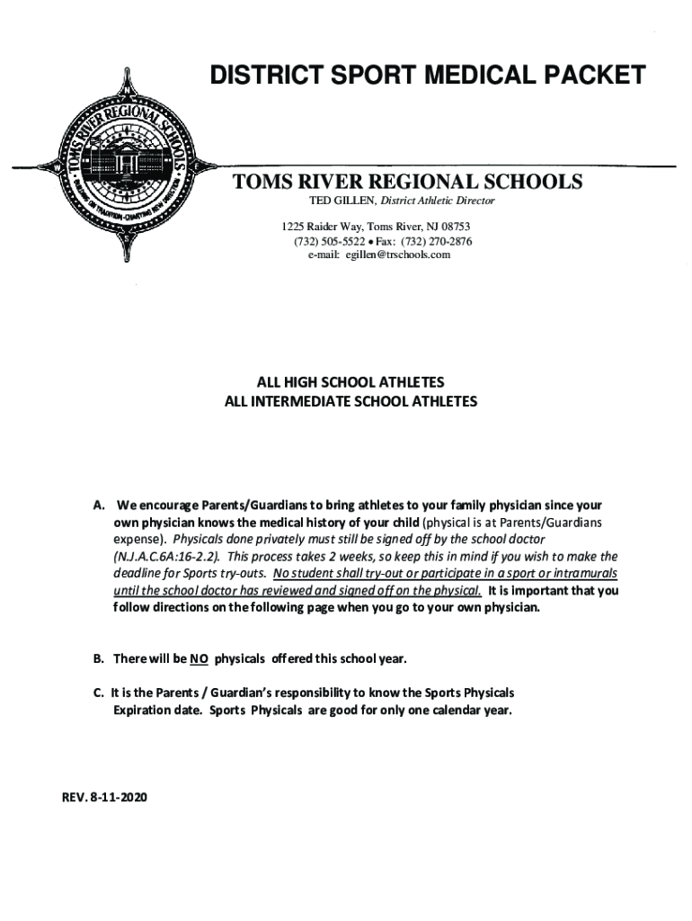 Fillable Online district sport medical packet - Toms River Regional ...