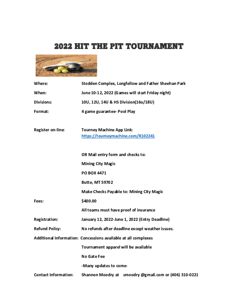 Fillable Online 2022 HIT THE PIT TOURNAMENT - Tourney Machine Fax Email ...