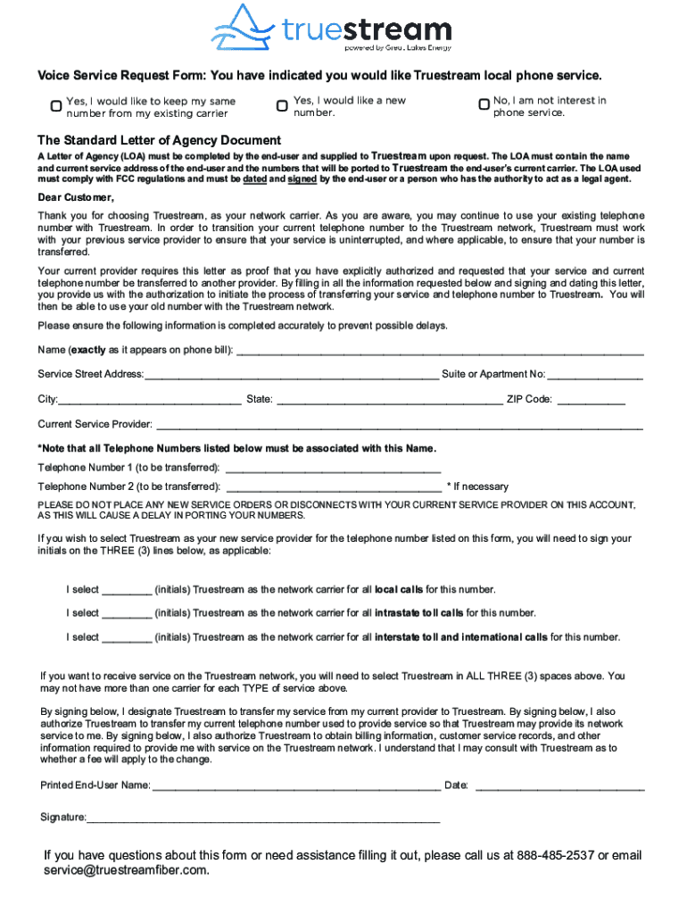 Fillable Online Truestream Fiber - Internet and Voice Services - The ...