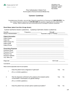 Fillable Online Prior Authorization Criteria Form Cystaran Fax Email ...