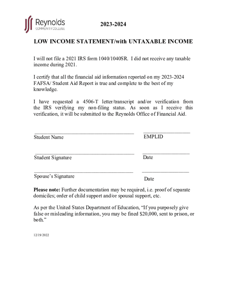 Fillable Online 2023-2024 LOW INCOME STATEMENT/with UNTAXABLE ... Fax ...