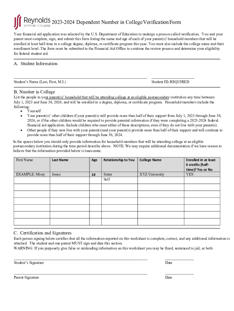Fillable Online 2023-2024 Dependent Number in College Verification Form Fax Email Print - pdfFiller
