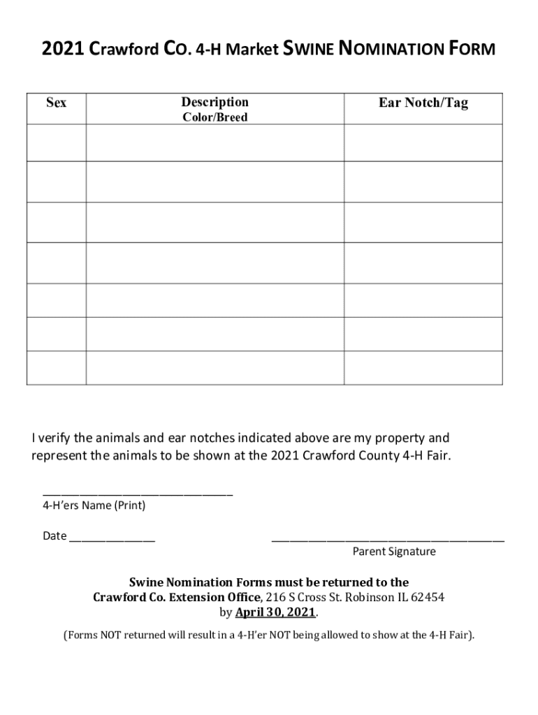 Fillable Online extension illinois 2021 Crawford CO. 4-H Market SWINE ...
