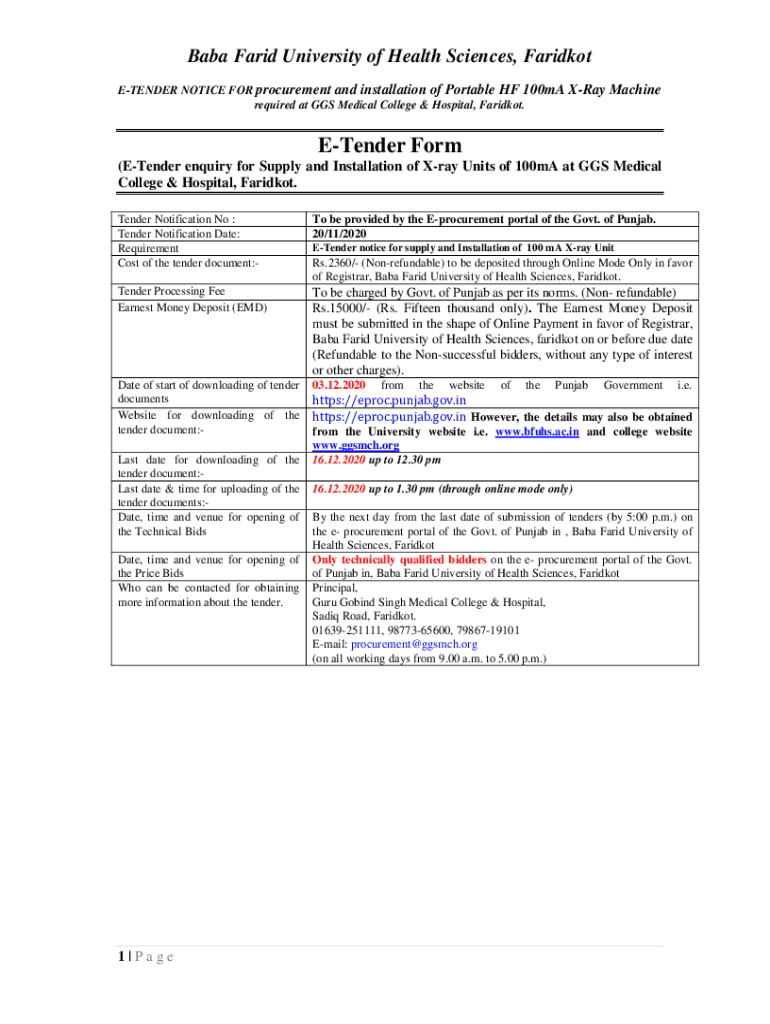 Fillable Online E-TENDER NOTICE FOR procurement and installation of ...