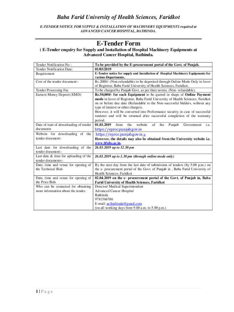 Fillable Online E-TENDER NOTICE FOR SUPPLY & INSTALLATION OF MACHINERY EQUIPMENTS required at ...