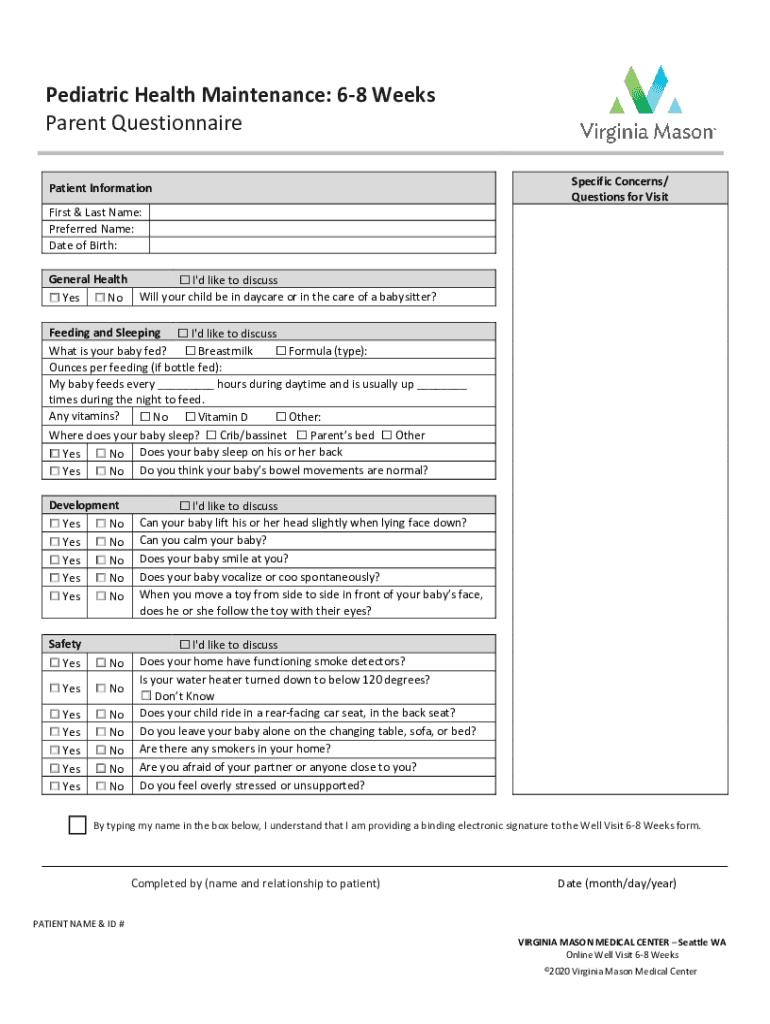 Fillable Online Pediatric Health Maintenance: 6-8 Weeks Parent ...