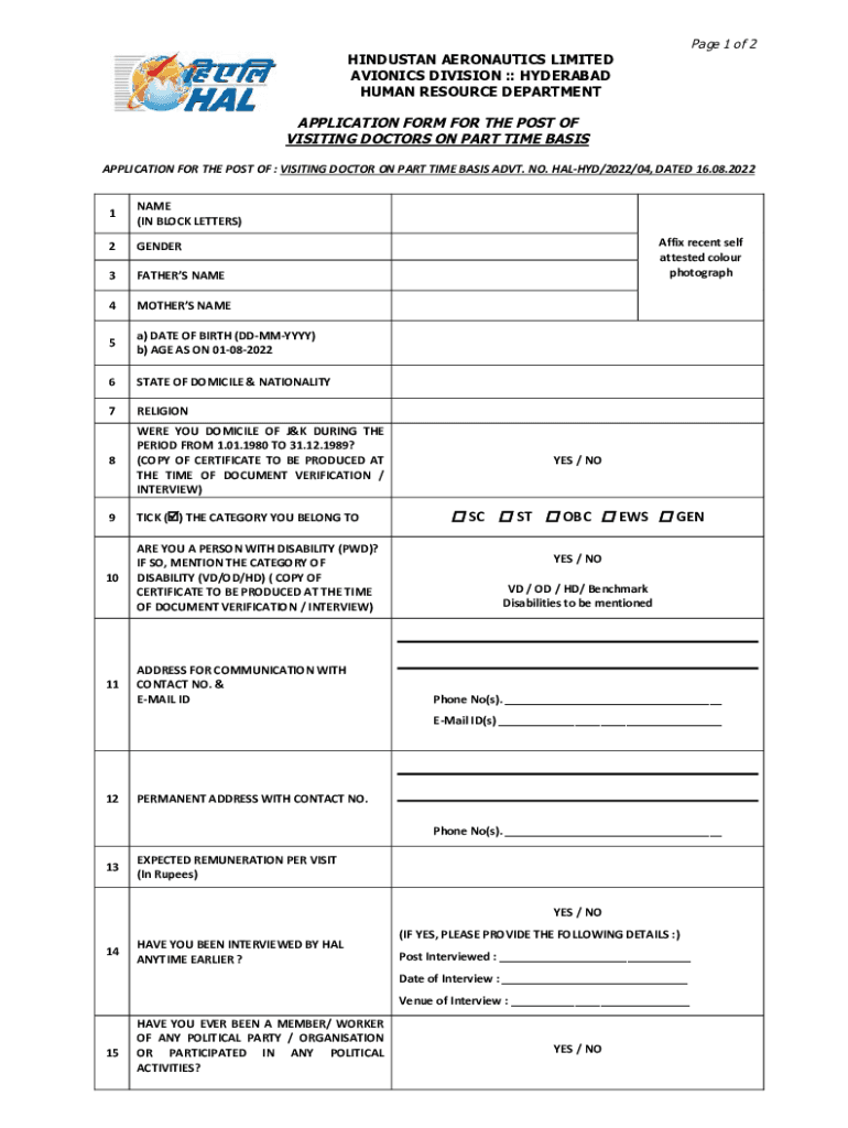 Fillable Online hal-visiting-doctor-posts-form.pdf - JobAlertsHub Fax ...