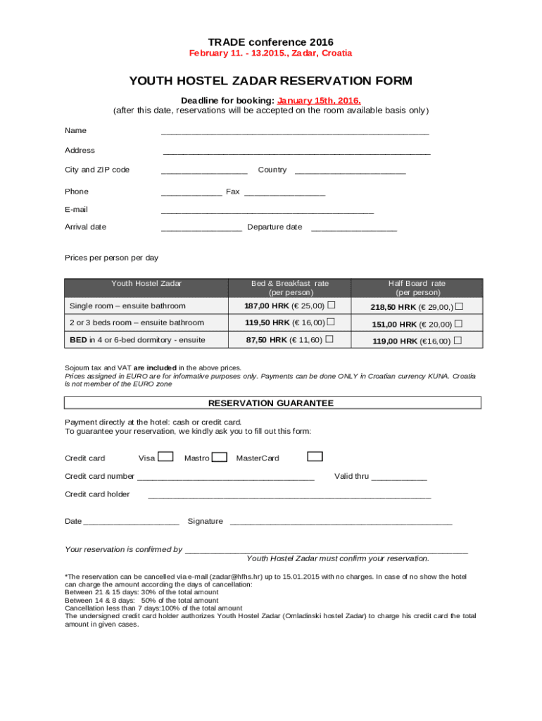 youth hostel zadar reservation Doc Template | pdfFiller
