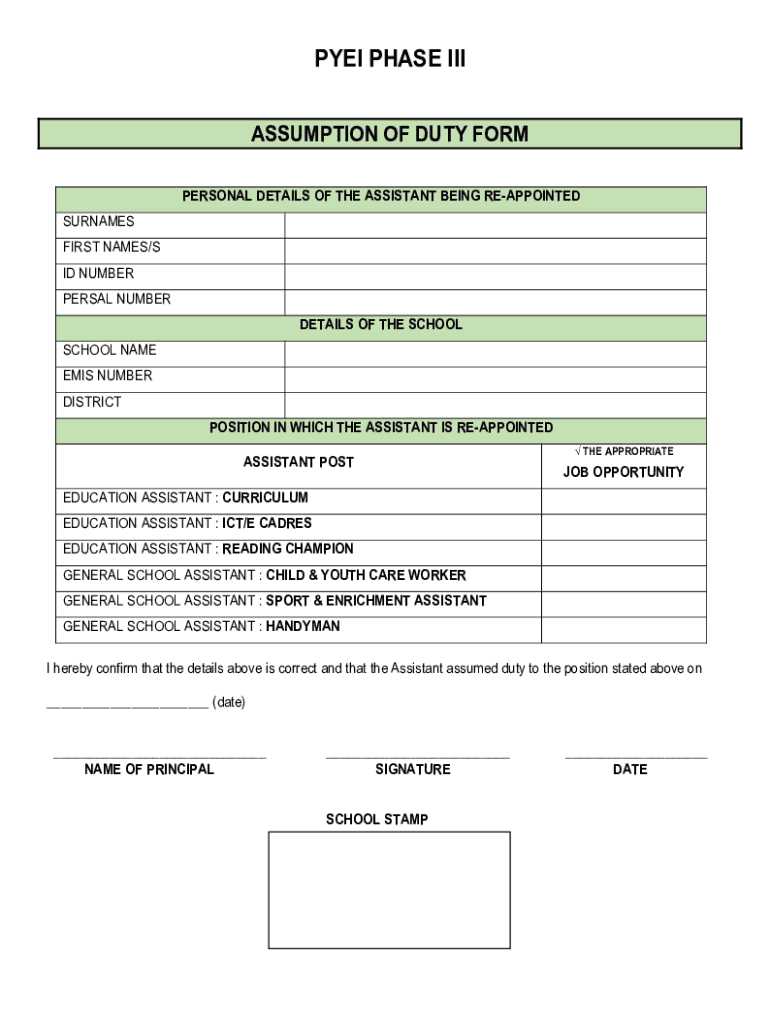 Fillable Online assumption of duty form - KZN Department of Education ...