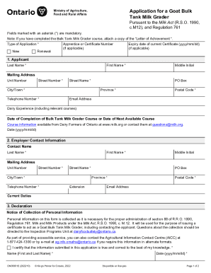 Fillable Online Application for a Goat Bulk Tank Milk Grader - Ontario ...