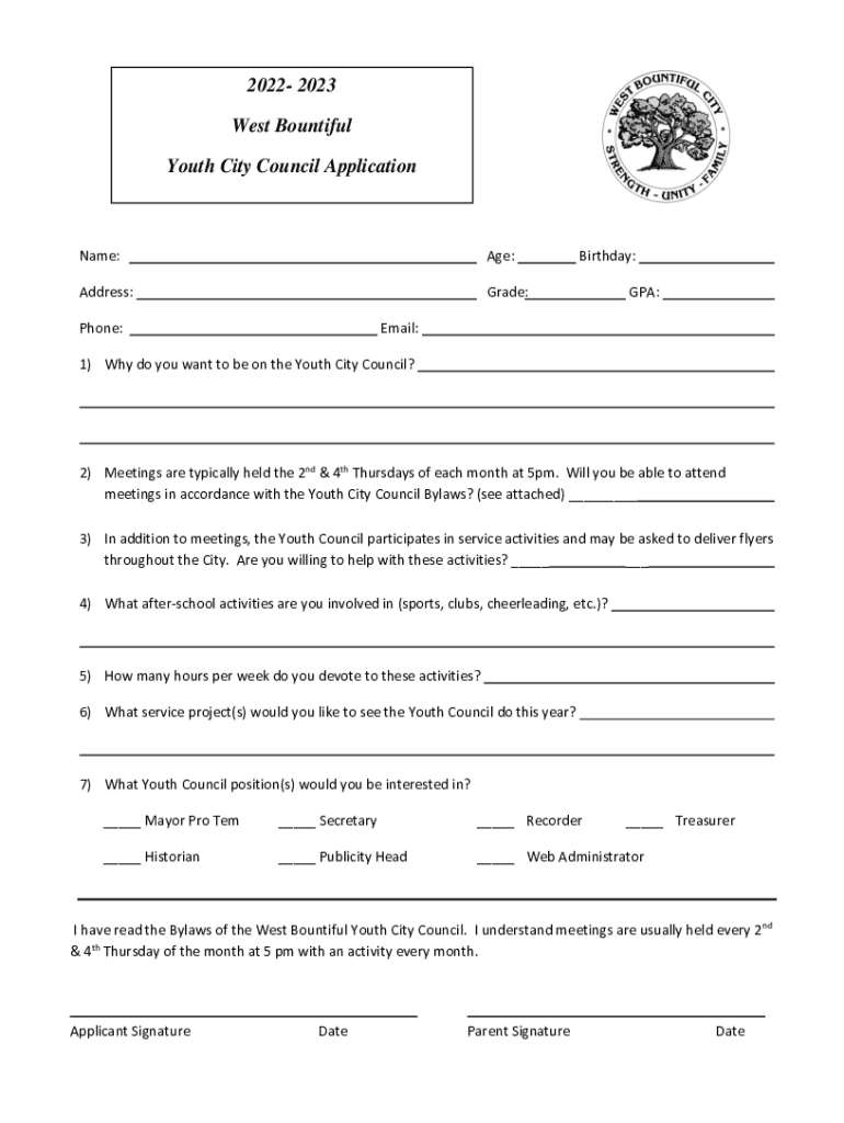 Fillable Online 2022- 2023 West Bountiful Youth City Council ...