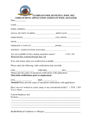 Fillable Online EMPLOYMENT APPLICATION ASSISTANT POOL MANAGER Fax Email ...