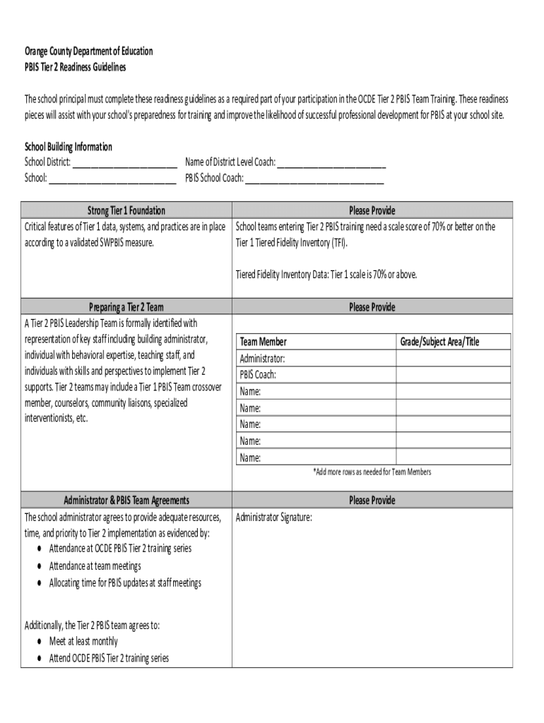 Fillable Online PBIS Tier 1 Readiness Guidelines Worksheet - OCDE Fax ...