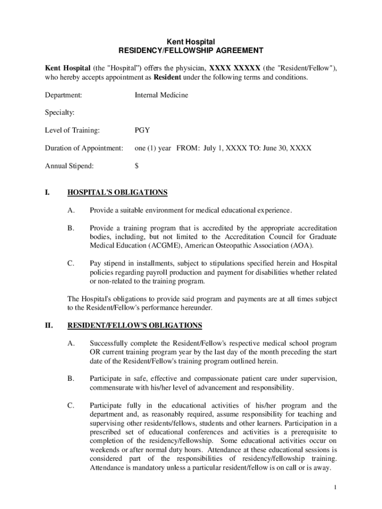 Fillable Online Kent Hospital RESIDENCY/FELLOWSHIP AGREEMENT ... Fax ...