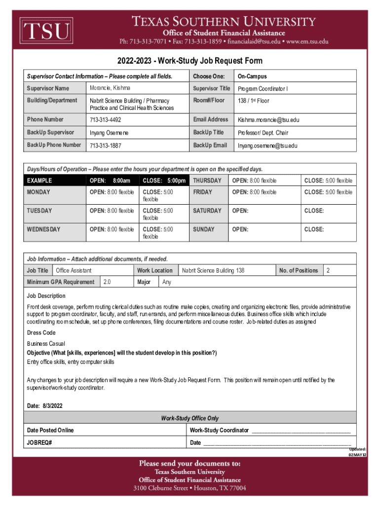 Fillable Online Work Study - University Student Financial Assistance ...