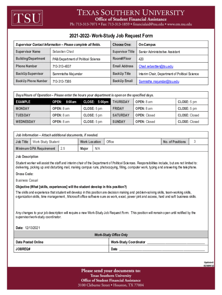 Fillable Online 2021-2022- Work-Study Job Request Form Fax Email Print ...