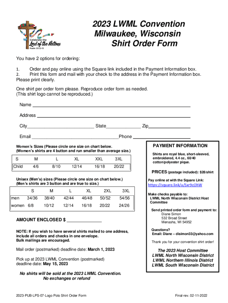 Fillable Online 2023 LWML Convention Milwaukee, Wisconsin Shirt Order ...