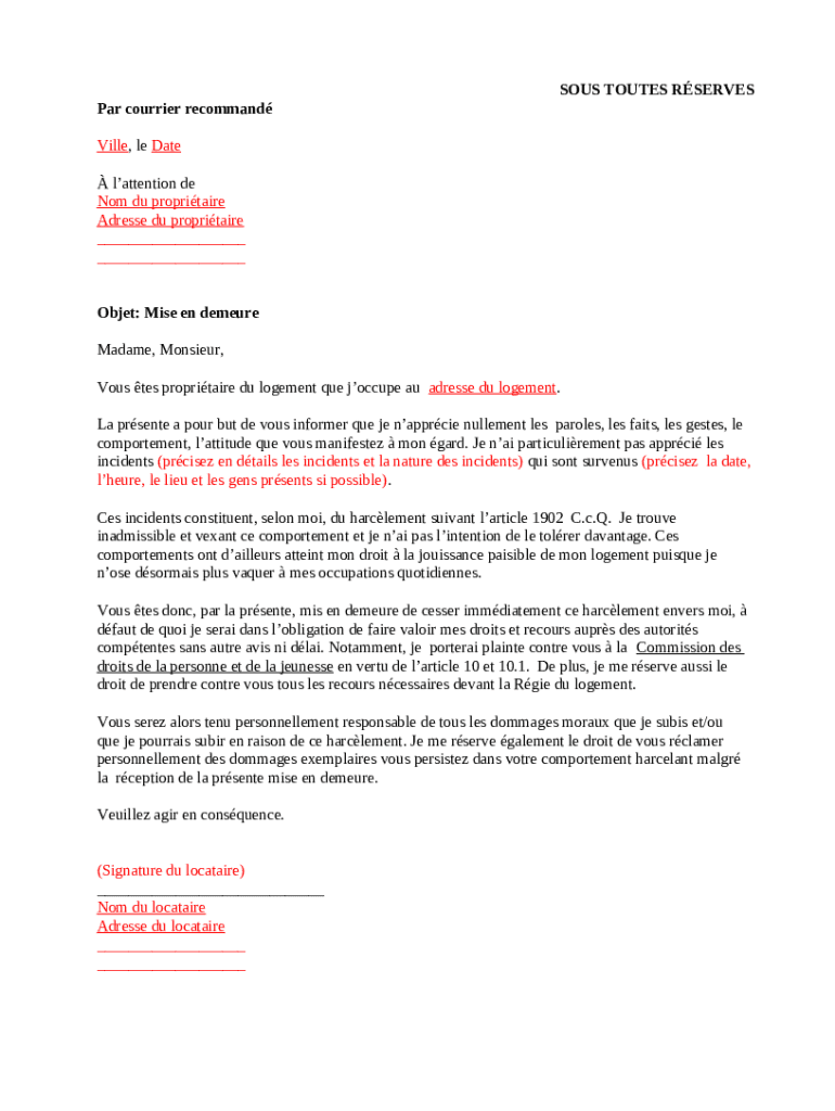 Lettre type de mise en demeure pour travaux : Modle Word - rclalq qc ...