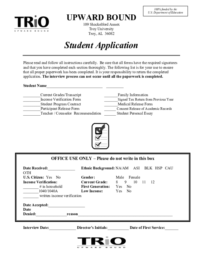 Fillable Online UPWARD BOUND - Student Application - Troy University Fax Email Print - pdfFiller