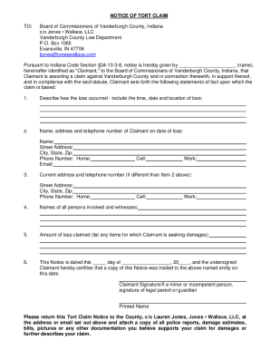 Fillable Online NOTICE OF TORT CLAIM TO - Vanderburgh County Fax Email ...