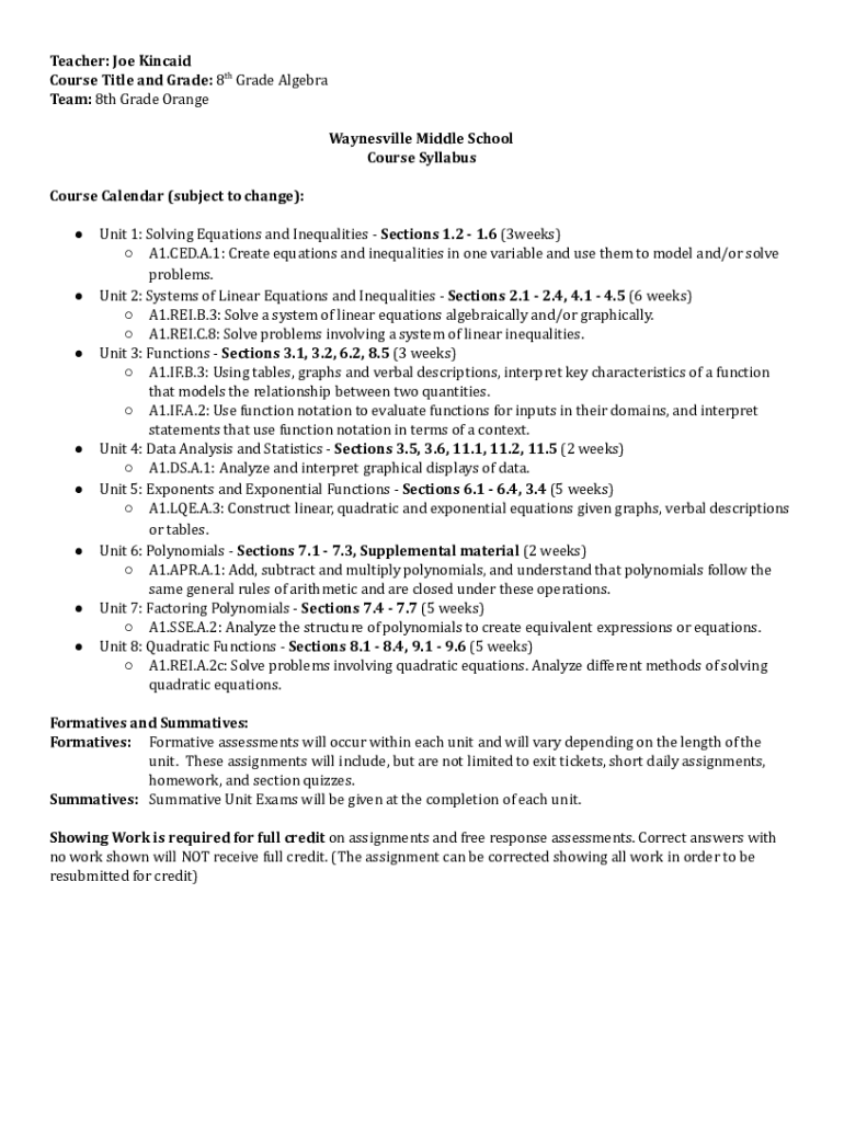 Fillable Online Joe Kincaid Course Title and Grade: 8 th Grade Algebra ...