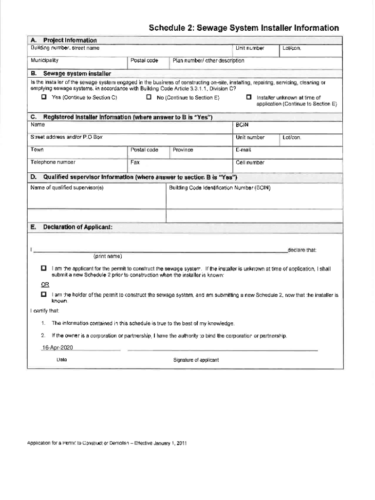 Fillable Online Schedule 2: Sewage System lnstaller lnformation Fax ...