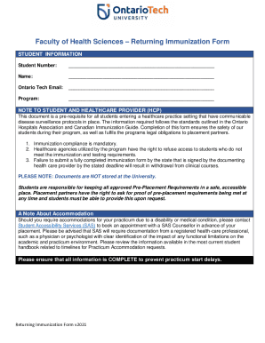 Fillable Online Returning Student Pre-Placement Requirement Checklist ...
