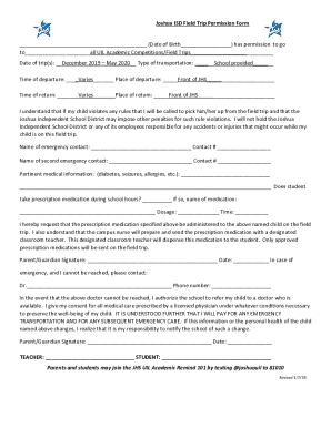 Fillable Online Joshua ISD Field Trip Permission Form Fax Email Print ...