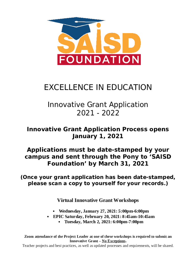 SAISD Foundation Innovative Grant APPLICATION ... Doc Template | pdfFiller