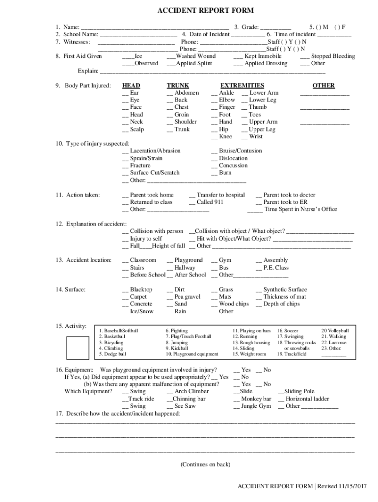 Fillable Online accident Report Form. Revised 11/15/2017 Fax Email ...