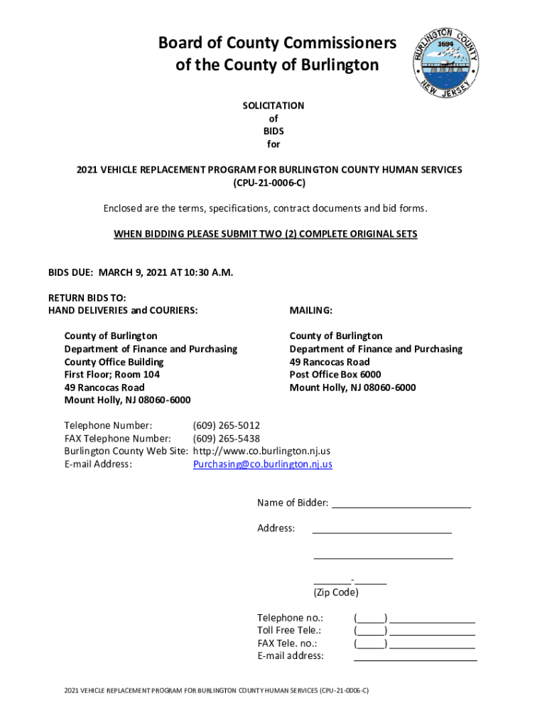 Fillable Online bcnj co burlington nj 2021 Vehicle Replacement Program ...