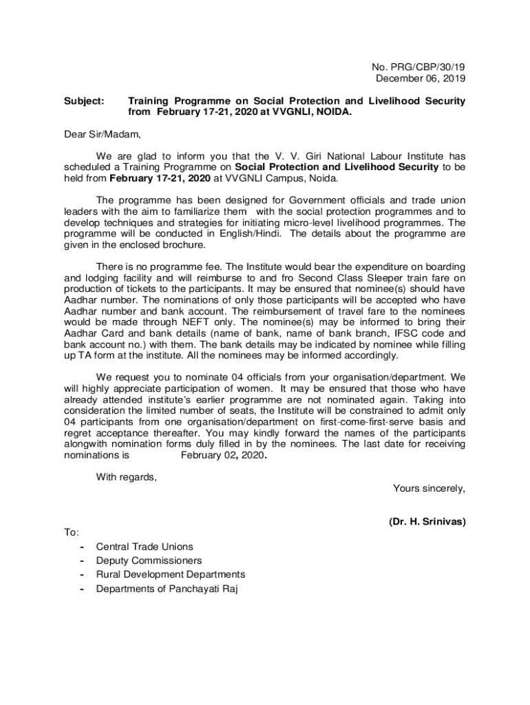 Fillable Online Training Programme on Social Protection and Livelihood ...