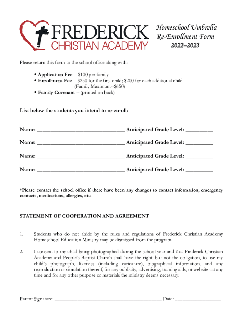 Fillable Online Homeschool Umbrella Re-Enrollment Form - Squarespace Fax Email Print - pdfFiller
